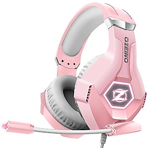 Ozeino Gaming Headset for PS4, PS5, PC, Xbox One Controller, Noise Cancelling Over Ear Headphones with Mic, LED Light, Bass Surround, Soft Memory Earmuffs -Pink