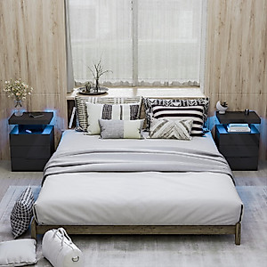 HOMMPA Set of 2 LED Nightstand with Wireless Charging Station Black Bedside Table with 3 Drawers USB Port Type C Modern Smart LED Nightstand Tall 26.8in High Gloss Night Table with Light for Bedroom