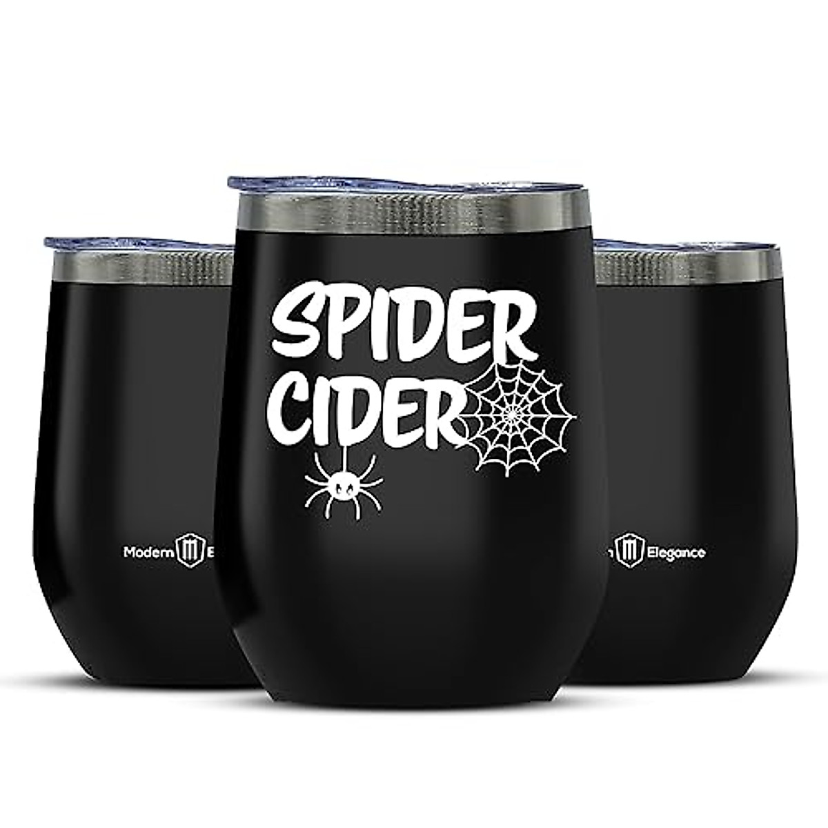 Halloween Tumbler Stemless Wine Glass – 12Oz Wine Tumbler with Straw - Cute Spider Insulated Steel Tumblers Halloween Cup - Reusable Halloween Mugs (Modern/Black - Spider Cider)
