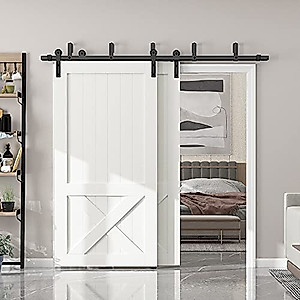 skysen 5.5FT Low Ceiling Heavy Duty Sliding Barn Door Hardware Double Track Bypass Double Door Kit Black(Bypass I Shape-2)