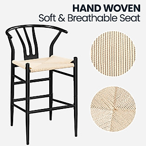Yaheetech 26'' Weave Counter Stool Set of 2 Bar Stool Mid-Century Modern Metal Barstool Counter-Height Stool Slat Backrest Dining Chair, Black