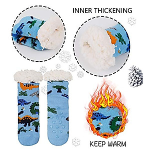 Winter Fuzzy Slipper Socks Kids Girls Boys Fluffy Sherpa Fleece Lined Holiday Christmas Cabin Thermal Warm Soft Cozy Toddler Gripper Non Skid Dinosaur, Stocking Stuffers for Children, Gift for Baby