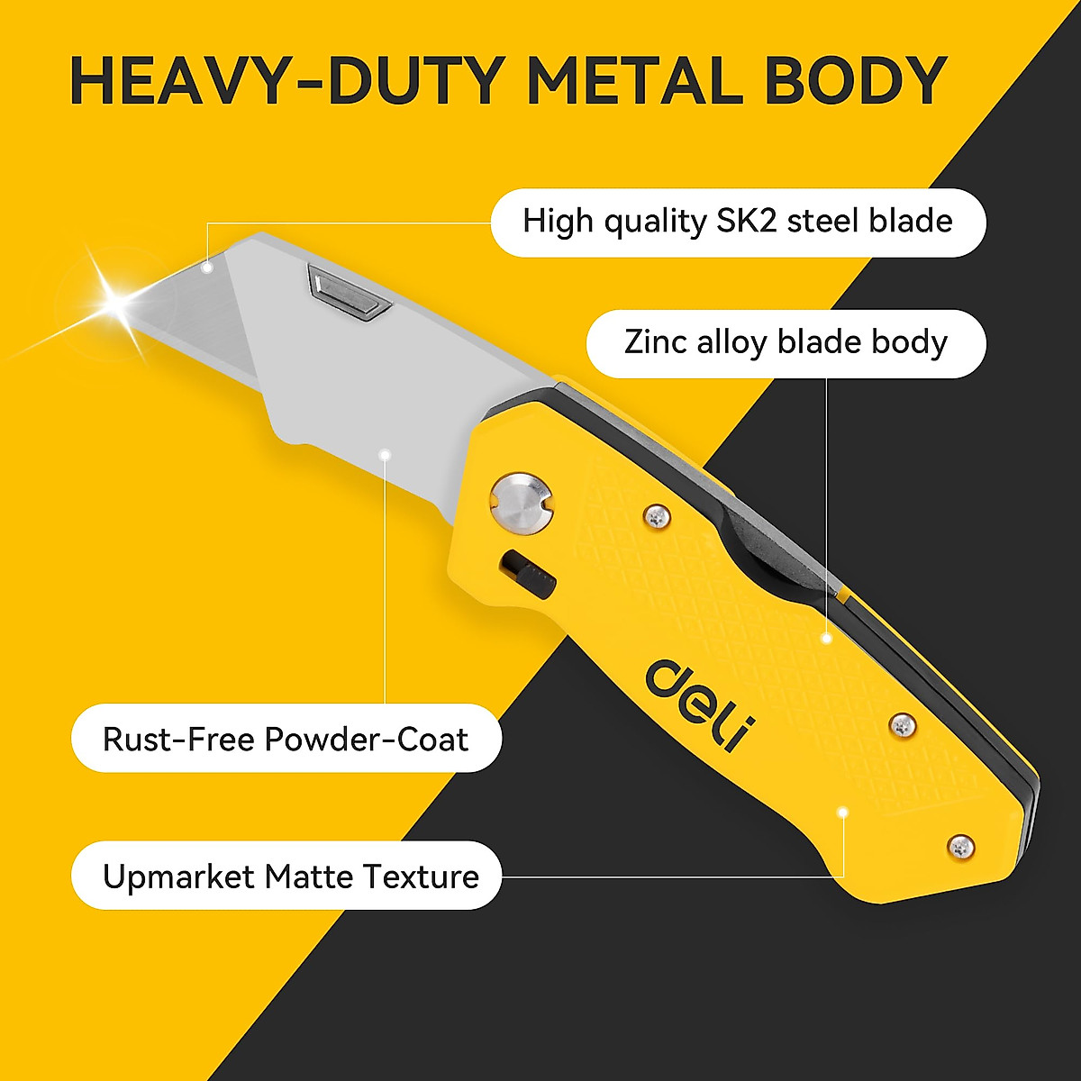 deli Folding Utility Knife Box Cutter Quick Change Blades, Back-lock Small Utility knife, Portable Belt Clip, with 5-Piece Extra Blades, Yellow