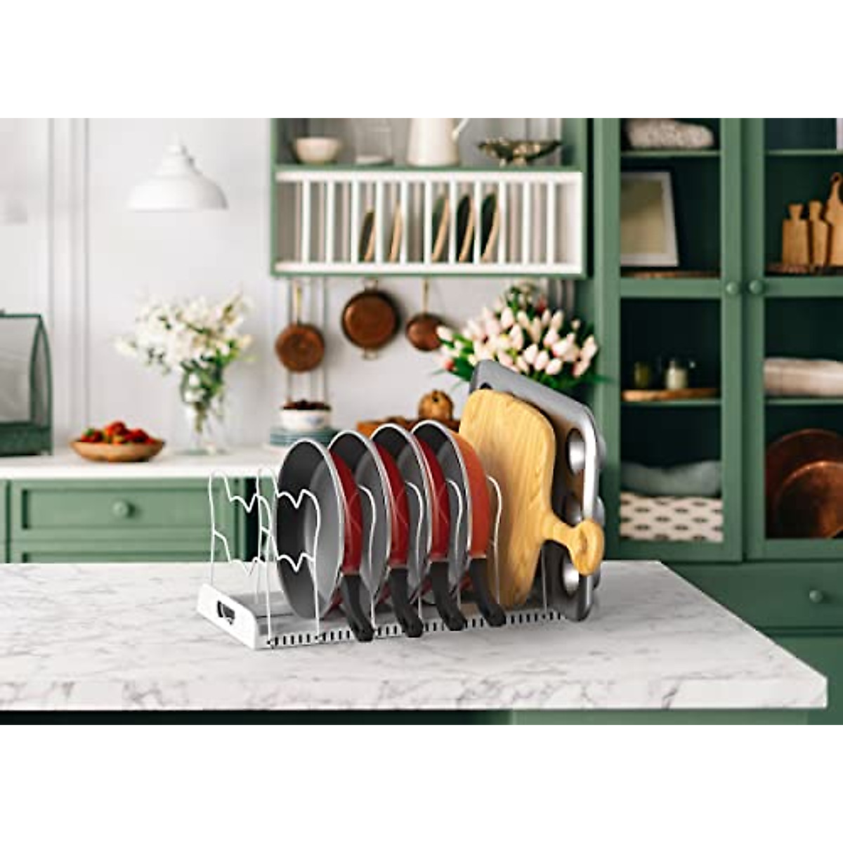 Simple Houseware 10 Compartments Expandable Pan Organizer, White, Plastic, Metal, 12"-22"L x 9.5"W x 8.5"H