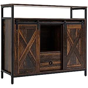 HOMCOM Industrial Sideboard Buffet Cabinet, Kitchen Cabinet with Sliding Barn Doors, Coffee Bar Cabinet with Stemware Racks, Drawer and Adjustable Shelves for Living Room, Home Bar, Rustic Brown