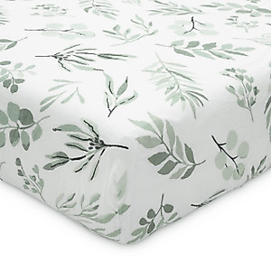 Organic Muslin Fitted Crib Sheet - Organic Crib Sheet for Standard Crib and Toddler Mattresses, Soft and Breathable, Eucalyptus Leaves, 28”x52”