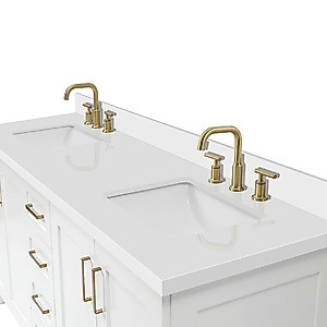 ARIEL 73" White Double Vanity, 1.5" Edge Pure White Quartz Countertop & Splash, Rectangular Sink, 4 Soft Closing Doors, 6 Full Extension Dovetail Drawers, Toe Kick, Satin Brass