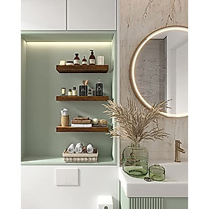 Hzuaneri 15" Floating Shelves - Set of 4 Bathroom Shelf, Retro Wall Shelf, Wall Mounted Hanging Shelf with Invisible Brackets, for Living Room Decor, Bathroom, Bedroom, Kitchen, Rustic Brown