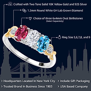 Gem Stone King 925 Sterling Silver and 10K Yellow Gold Personalized Customized 3-Stone Oval Gemstone Birthstone and White Lab Grown Diamond Ring For Women (1.37 Cttw, Available In Size 5, 6, 7, 8, 9)