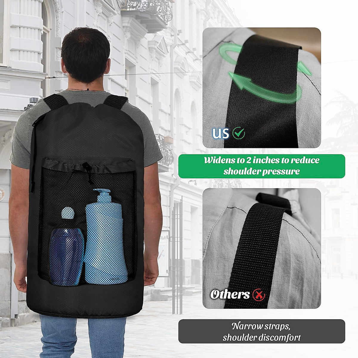 Laundry Bag Backpack Large Travel Laundry Bag with Mesh Pocket & Adjustable Shoulder Straps Portable Backpack Laundry Bag for College, Dorm, Apartment Camp(Black)