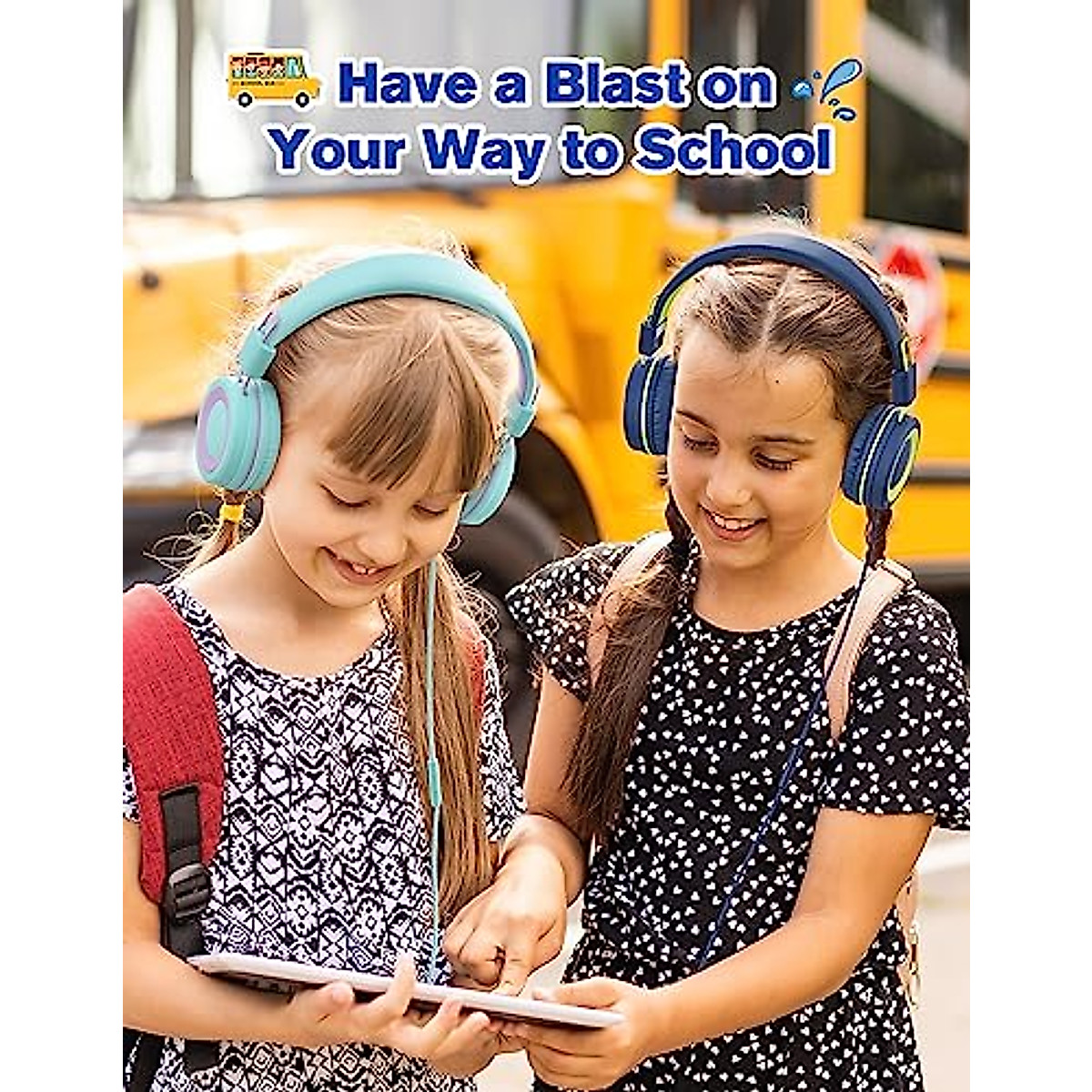 KLYLOP Kids Headphones with Microphone - 91dB Safe Volume Limited, Stereo Sounds, Wired On-Ear Headsets for Kids Teens with Sharing Splitter, Tangle-Free Foldable Headset for School/Tablet/Travel