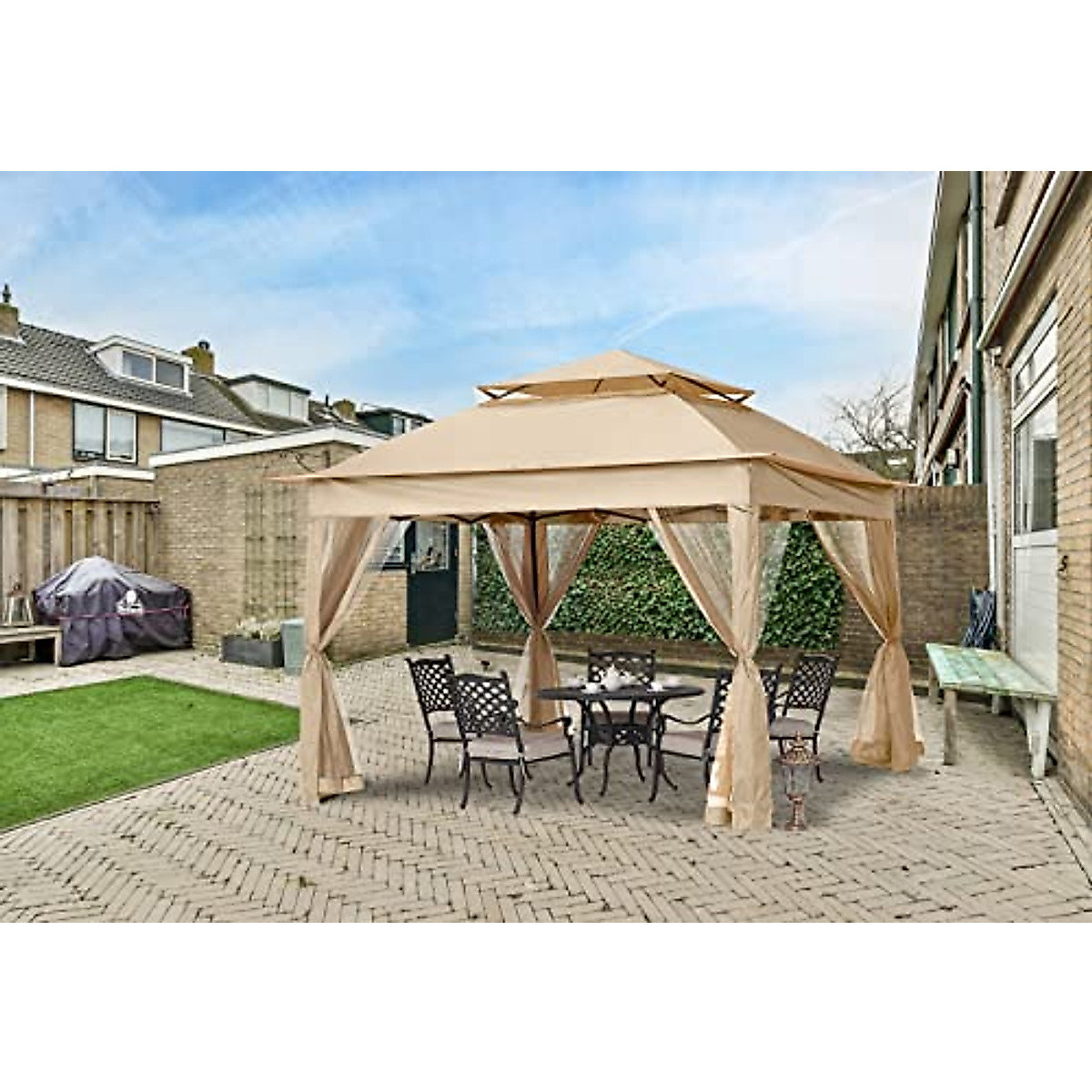 MASTERCANOPY Patio Gazebo Outdoor Pop Up Gazebo with Mesh Walls (11x11, Khaki)