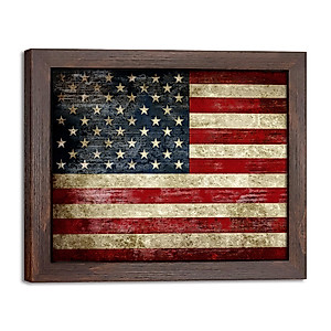 Wieco Art Old Vintage American Flag Wall Art Canvas Print Motivation Classroom Decor With Red Picture Frame and Real Glass Made to Display 5x7" with Mat or 8x10" Without Mat for Home Office Wall Decoration