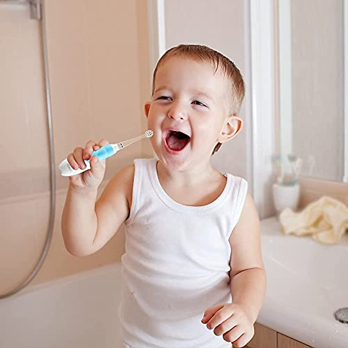 Baby Electric Toothbrush,Sonic Technology Battery Powered Toddler Tooth Brush with Smart LED Timer,Waterproof Auto Deep Clean for Infants Ages 0-3 Years with 4 Soft Brush Heads (Blue)