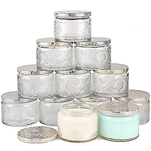 Art Secret 4oz Embossed Glass Candle Container with Tin Lid and Labels (Pack of 12, Clear)