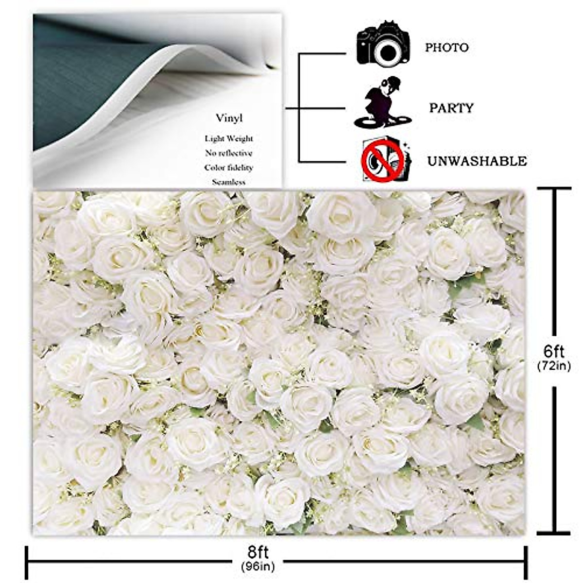 Avezano White Flower Backdrop for Party Photoshoot Wedding Floral Wall Bridal Shower Party Decoration Photography Background White Rose Florals Backdrops Portrait Photographic Studio (8x6ft)