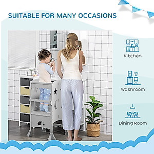 Qaba 2 in 1 Kids Foldable Kitchen Step Stool, Toddler Standing Tower with Chalkboard and Lockable Handrail for Children 3-6 Years Old, Gray
