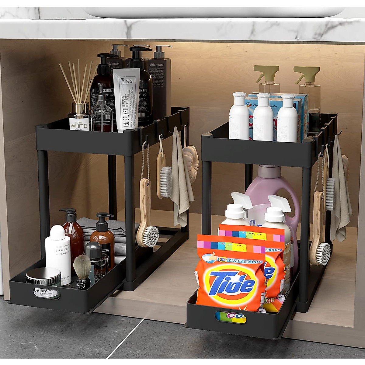 2PC Under Sink Organizer Rack 2 Tier Under Sliding Cabinet Basket Organizer Drawer with 4 Hooks, Multi-purpose Under Sink Storage for Bathroom Kitchen Desktop（Black）