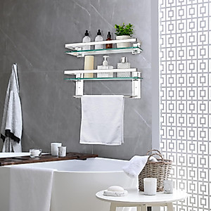 Suzile 2-Pcs Contemporary Bathroom Shelf, 15.7 x 4.72 inches, Floating Shelves with Towel Bar, Tempered Glass, Wall Mount, Set of 2