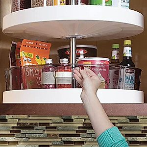 mDesign Plastic Lazy Susan Cabinet Storage Bin with Front Handle for Kitchen Countertop, Pantry, Shelf, Fridge Organization - Hold Food, Drinks, Snacks, Fruit, Vegetables - 4 Pack - Smoke Gray