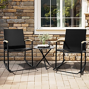 JAMFLY 3 Pieces Patio Set Outdoor Patio Furniture Sets, Modern Rocking Bistro Set Textilene Chair Conversation Sets with Detachable Pedal and Coffee Table (Black)