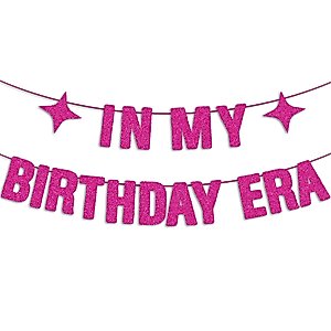 JunyRuny In My Birthday Era Hot Pink Glitter Banner, Singer Birthday Party Decorations, 13th sweet 16 18th 21st 30th Birthday Party Decorations