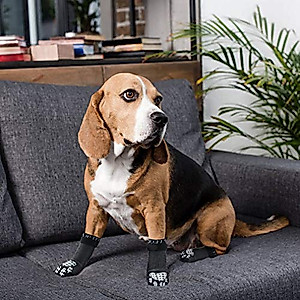 PUPTECK Double Side Anti-Slip Dog Socks with Adjustable Straps for Small Medium Large Dogs Indoor Hardwood Floor, 2 Pairs Pet Paw Protection Traction Control Grip Socks Prevents Licking, Grey L