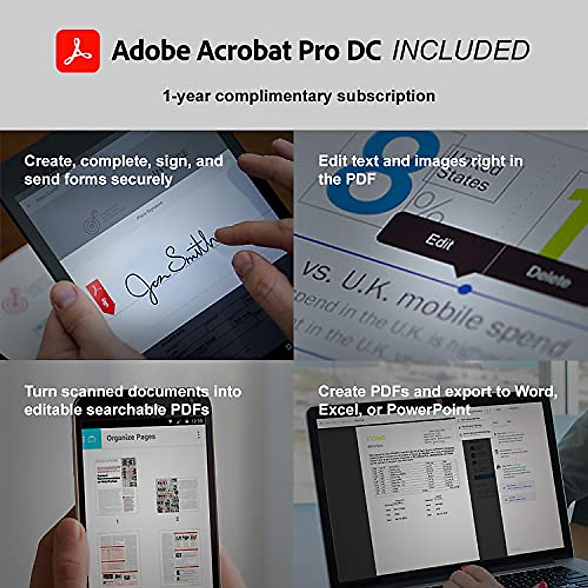 Fujitsu ScanSnap iX1600 Deluxe Versatile Cloud Enabled Document Scanner with Adobe Acrobat Pro DC for Mac or PC, Black