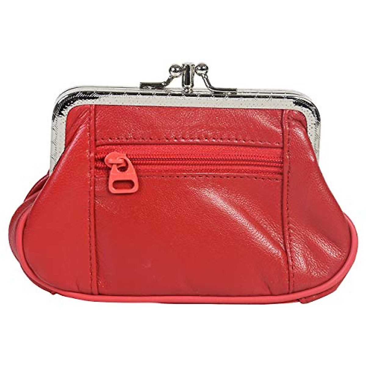 Women's Leather Metal Frame Double Clasp Zipper Coin Purse 5 1/4" x 3 1/4" (Red)