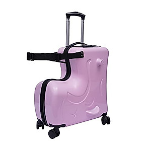 Kids Luggage with Wheels and Ride-On Feature- Portable Children's Travel Thickening Trolley Suitcase - Aluminum Alloy Drawbar - 110lb Load Bearing - for Toddlers and Kids Aged 2-6 Years (Pink)