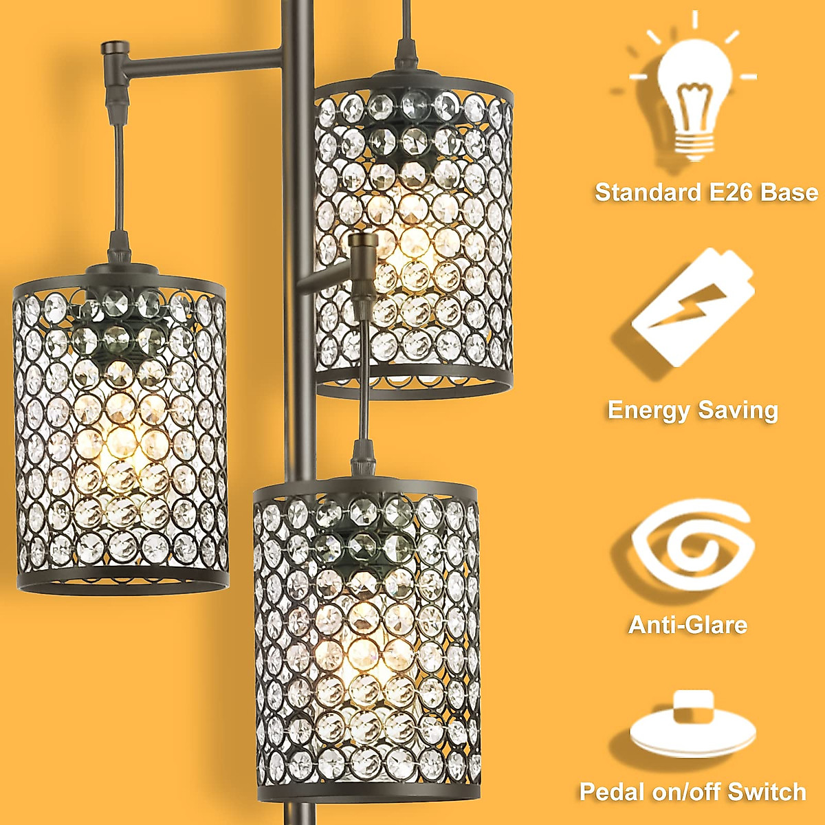 EE Eleven Master 3-Light Industrial Floor Lamp for Farmhouse, Elegant Crystal Tall Standing Light with On/Off Switch, Sturdy Base Tree Black Pole Light Great for Living Room Bedroom Office Home