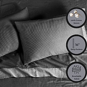 Anne Klein Westhill Dot, 100% Cotton Sateen Sheet Set, with Flat Sheet, Fitted Sheet, Pillowcases,Full, Black