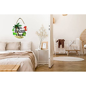 KPSheng Dinosaur Door Decor Plaque, Little Babe Cave Wooden Sign Door Hanger Nursery Decoration for Boys, Wood Wall Hanging Wreath for Toddler Kids Room Bedroom Playroom, 12 x 12 Inch