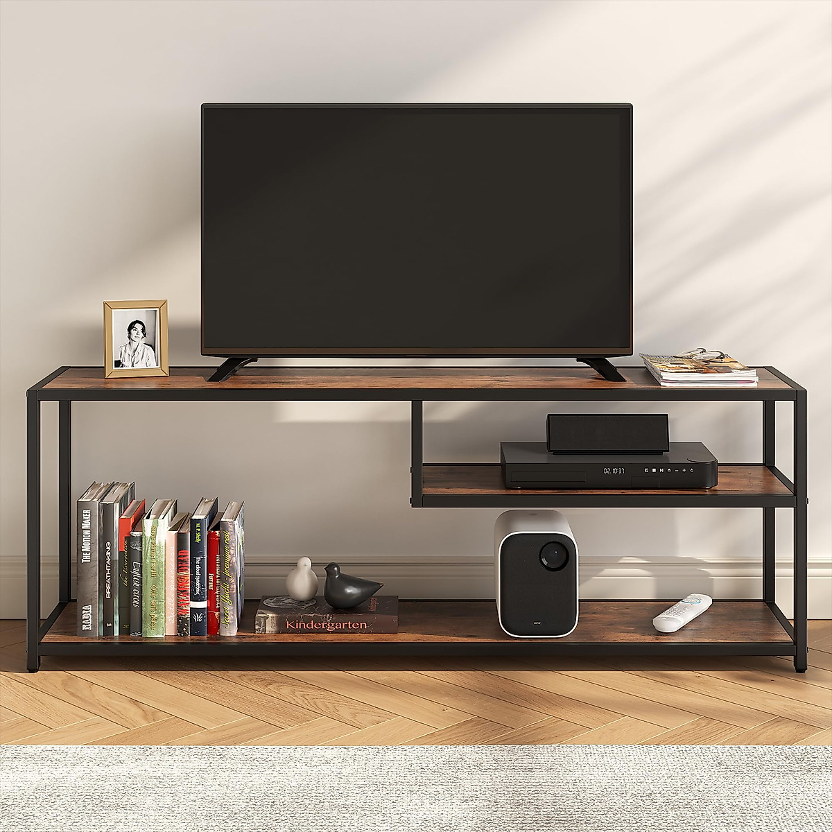 TECHMILLY Modern TV Stand for 65" TV, TV Table with Storage Shelves, Entertainment Center with Metal Frame, TV Console Table for Living Room, Bedroom, Rustic Brown