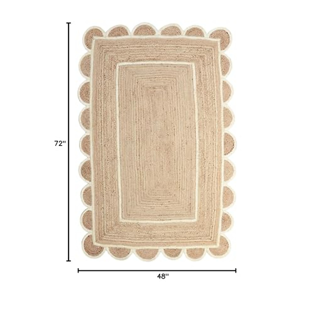 Weaving Village Scalloped Natural Jute Area Rug, Natural Base Off White Trim, 4x6