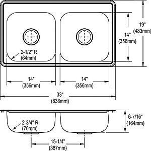 Elkay D233193 Dayton Equal Double Bowl Drop-in Stainless Steel Sink, 33 x 19 x 6.5