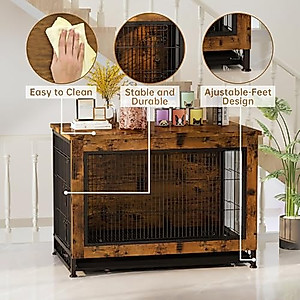 Lamerge Wooden Dog Crate Furniture for Large Dog, Heavy Duty Dog Crate End Table with Pull-Out Tray, 3-Door Dog Kennel, Indoor Pet Furniture, 44.3" L x 28.7" W x 31.9" H, Brown