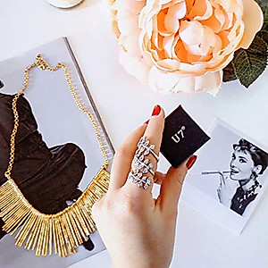 U7 Women Clear CZ Platinum Plated Leaf Shape Full Finger Long Ring, Statement Cocktail Ring, Bride Ring Adjustable