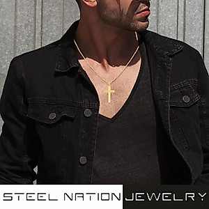 Stainless Steel Beveled Cross Pendant on 24" Twisted Curb Chain Necklace with Yellow Gold Tone Finish