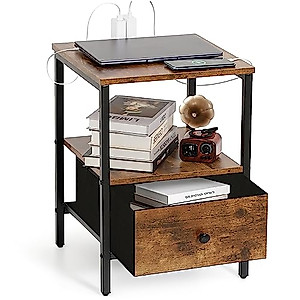 GORZING Nightstand with Charging Station, Small End Table, Narrow Side Table with Drawer, Rustic Bedside Tables for Bedroom, Living Room, Brown