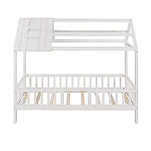LostCat Kids House Bed,Twin Size Bed House Wood Montessori House Bed Frame with Fence and Rails, House Bed Kids Montessori Beds Playhouse Tent Bed, Solid Wood Platform Bed Frame for s, White