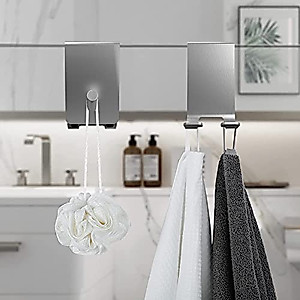Linkidea 2 Pack Over Shower Door Towel Hook, Double Side Bathroom Towel Hooks with Non-Slip Sponge Pad, Shower Hook for Frameless Glass Doors, Silver