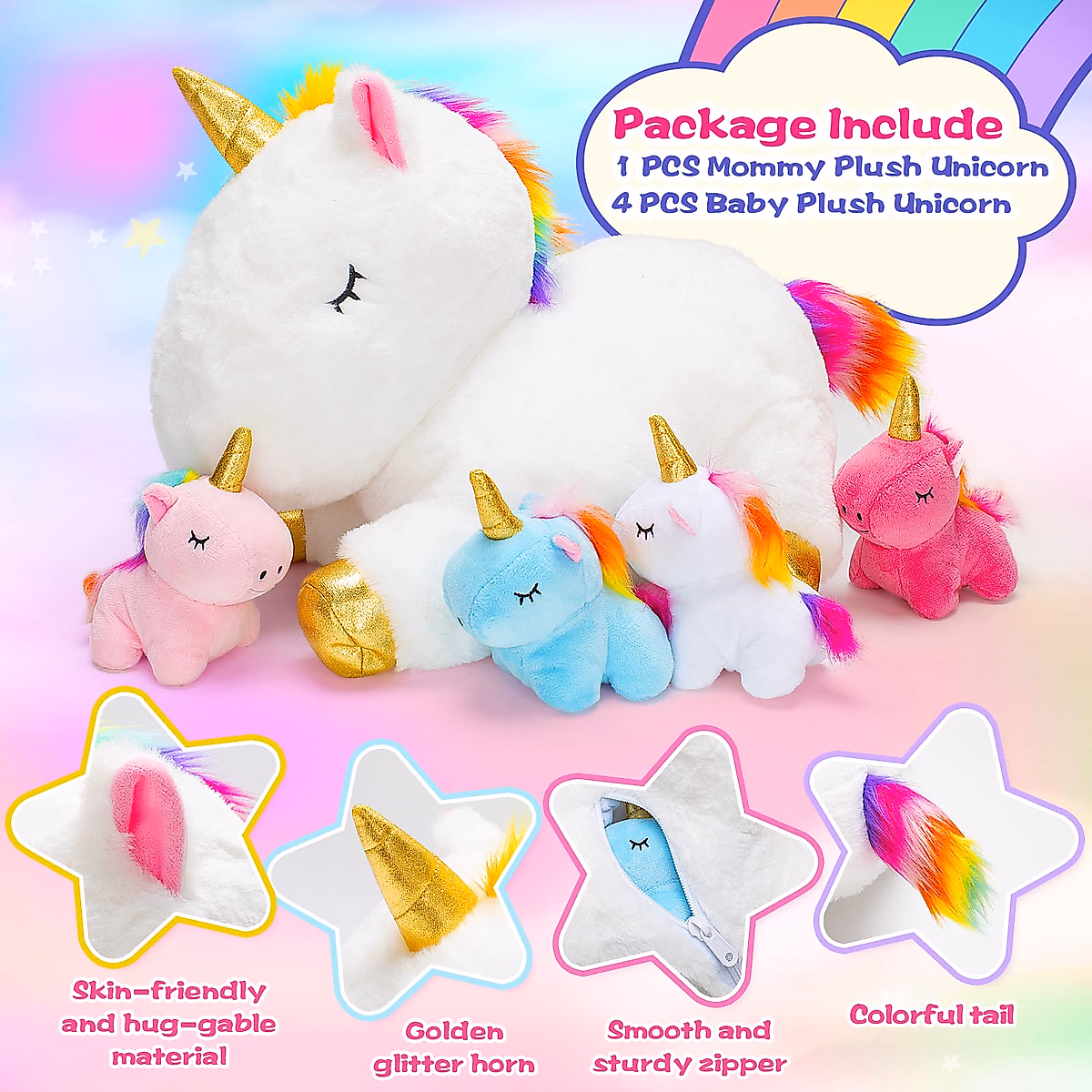 KMUYSL Cute Stuffed Animal Mommy with 4 Babies - Soft Plush Toy Set for Ages 3-8, Perfect Valentines & Birthday Gifts