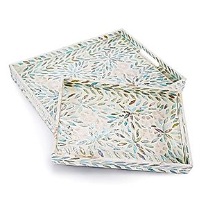 Handmade Serving Trays, Mother of Pearl Inlay Decorative Tray for Room Decor, Coffee Table Tray with Handles Set of 2 Length 16'' and 14'' Trays (TPSET-US)