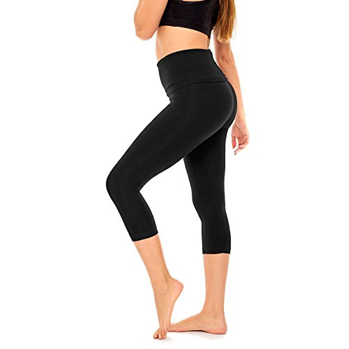 DEAR SPARKLE Fold Over Yoga Pants for Women Cotton Leggings Foldover High Waist Leggings Capri Plus Size (C7 F) (Black, X-Large)