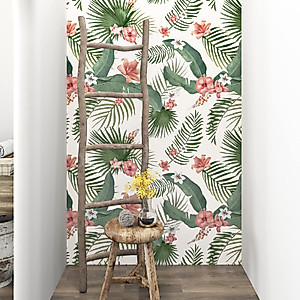 WESTICK Green Floral Wallpaper Self Adehesive Tropical Wall Paper Palm Tree Peel and Stick Botanical Vinyl Wallpaper Banana Leaf Pink Amaryllis Flower Contact Paper for Cabinets 17.5 x 118 inch