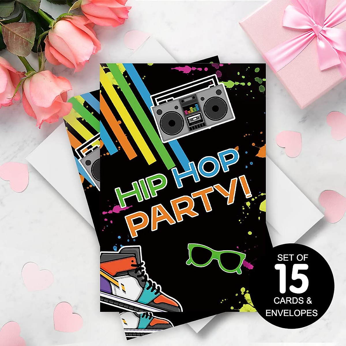 Haizct Put On Your Freshest Threads and Kicks Hip Hop Party Invitations Cards with Envelopes (15 Count) for Adult Teens, Funny Retro Birthday Party Music Dancing Party Invites