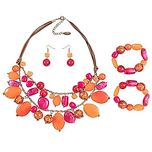 Bocar 2 Layer Statement Necklace Set Chunky Beaded Fashion Necklace with Earrings Bracelet for Women Gifts (NK-10619-set)