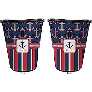 RNK Shops Nautical Anchors & Stripes Waste Basket - Double Sided (Black) (Personalized)