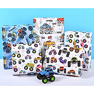 Titiweet Monster Truck Wrapping Paper for Boys Kids - Racing Wrapping Paper, 12 Sheets Car Wrapping Paper for Christmas Birthday Holiday, 20 x 28 Inches Per Sheet (Monster Truck(12 sheets))